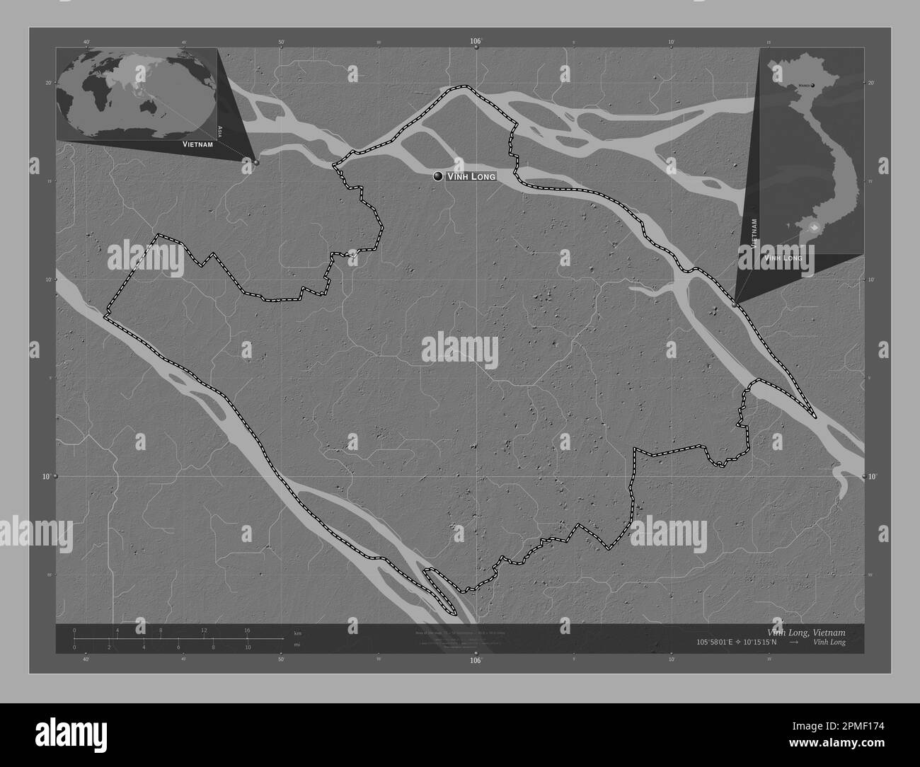 Vinh Long, province of Vietnam. Bilevel elevation map with lakes and ...