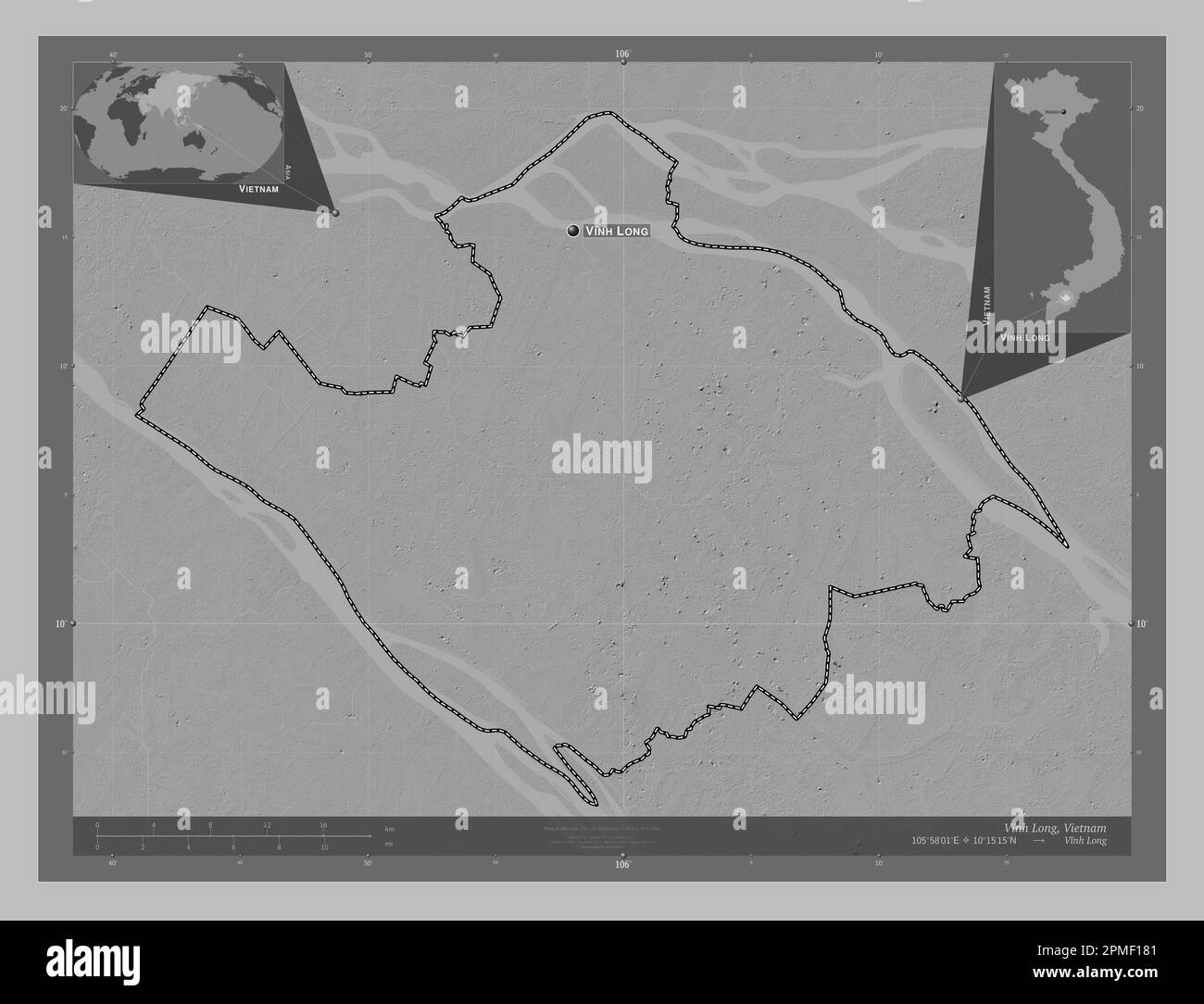Vinh Long, province of Vietnam. Grayscale elevation map with lakes and ...