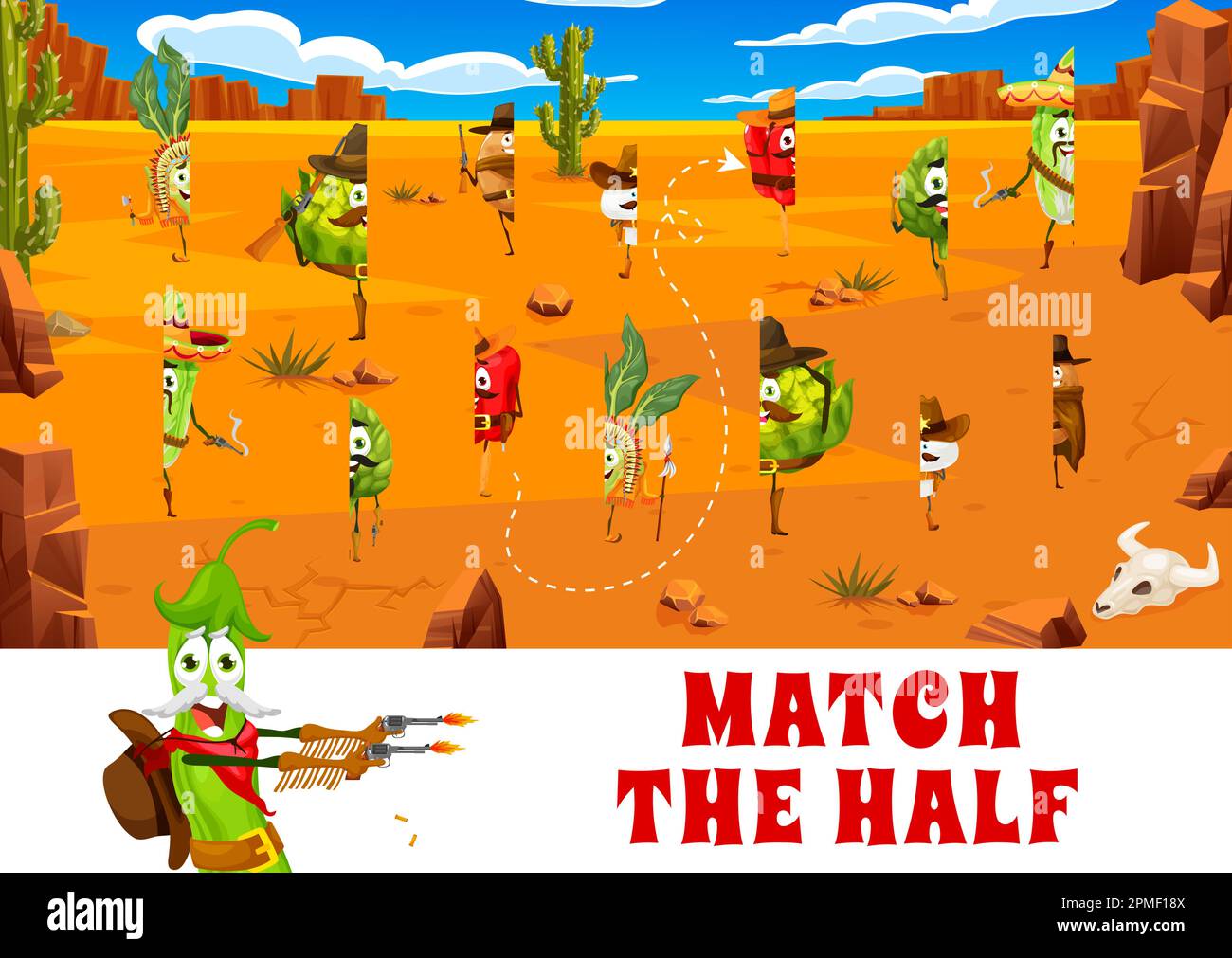 Match half of cartoon cowboy and bandit vegetable characters, vector ...