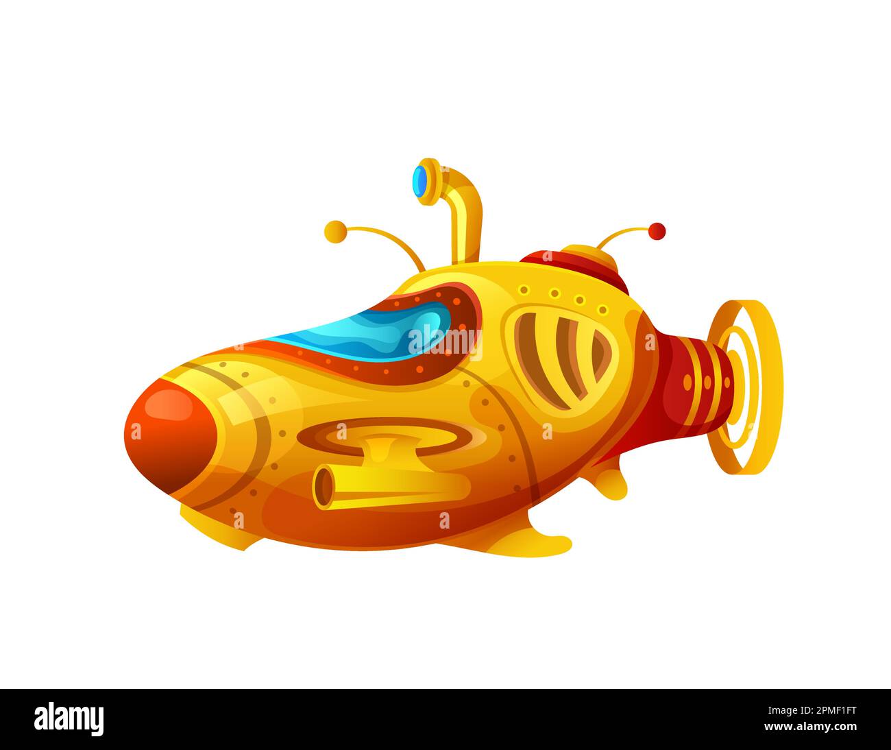 Cartoon yellow submarine, underwater bathyscaphe with periscope and ...