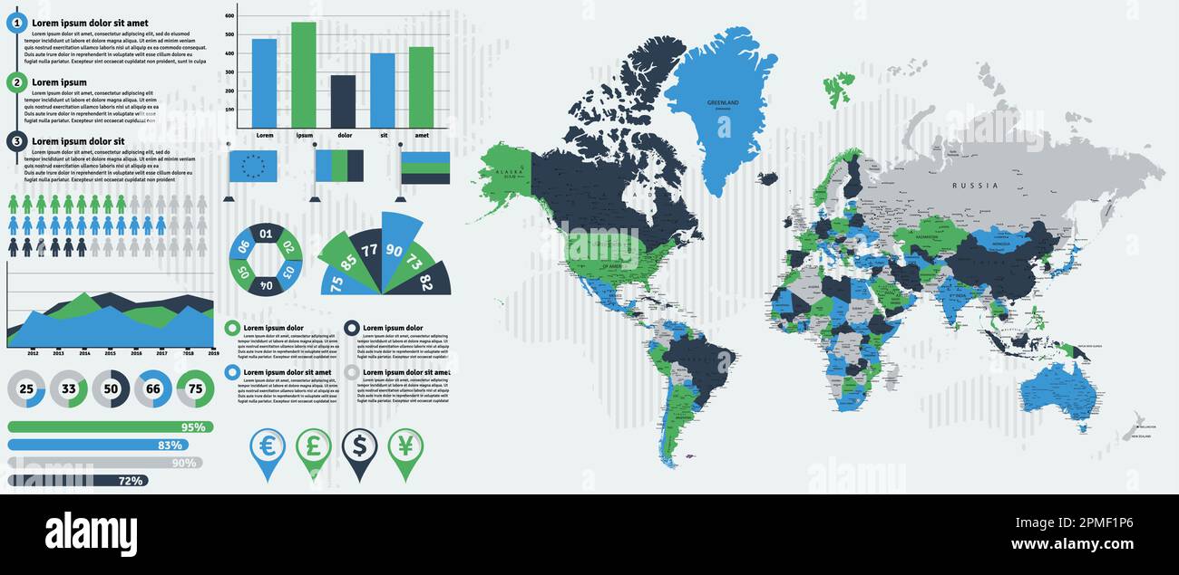 Detailed World map with infographic elements. Vector illustration Stock ...
