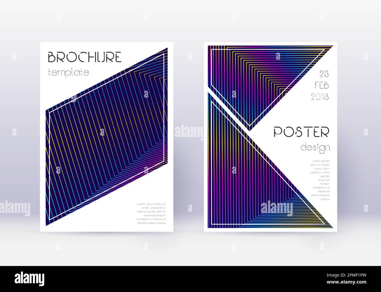 Triangle cover design template set. Rainbow abstract lines on dark blue ...