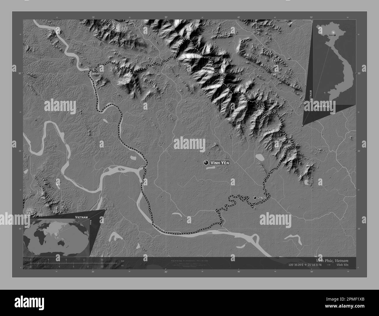 Vinh Phuc, province of Vietnam. Bilevel elevation map with lakes and ...