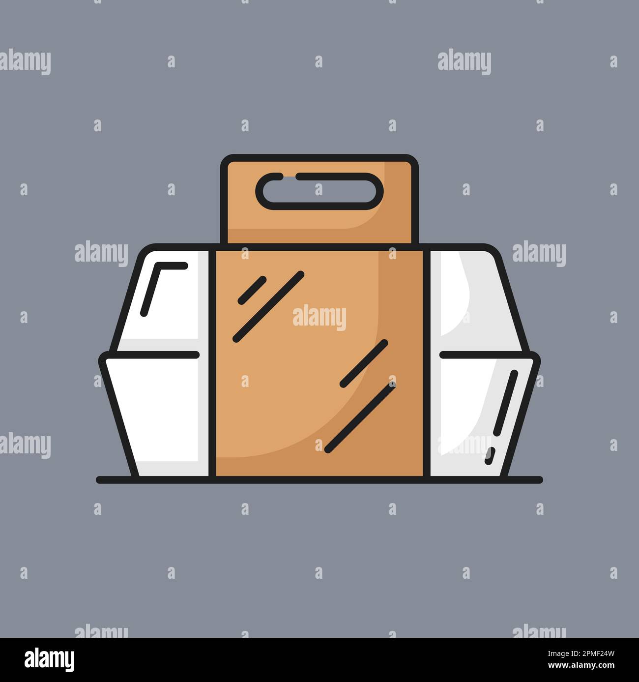 Cardboard lunch takeout box with handle color line icon. Vector food ...