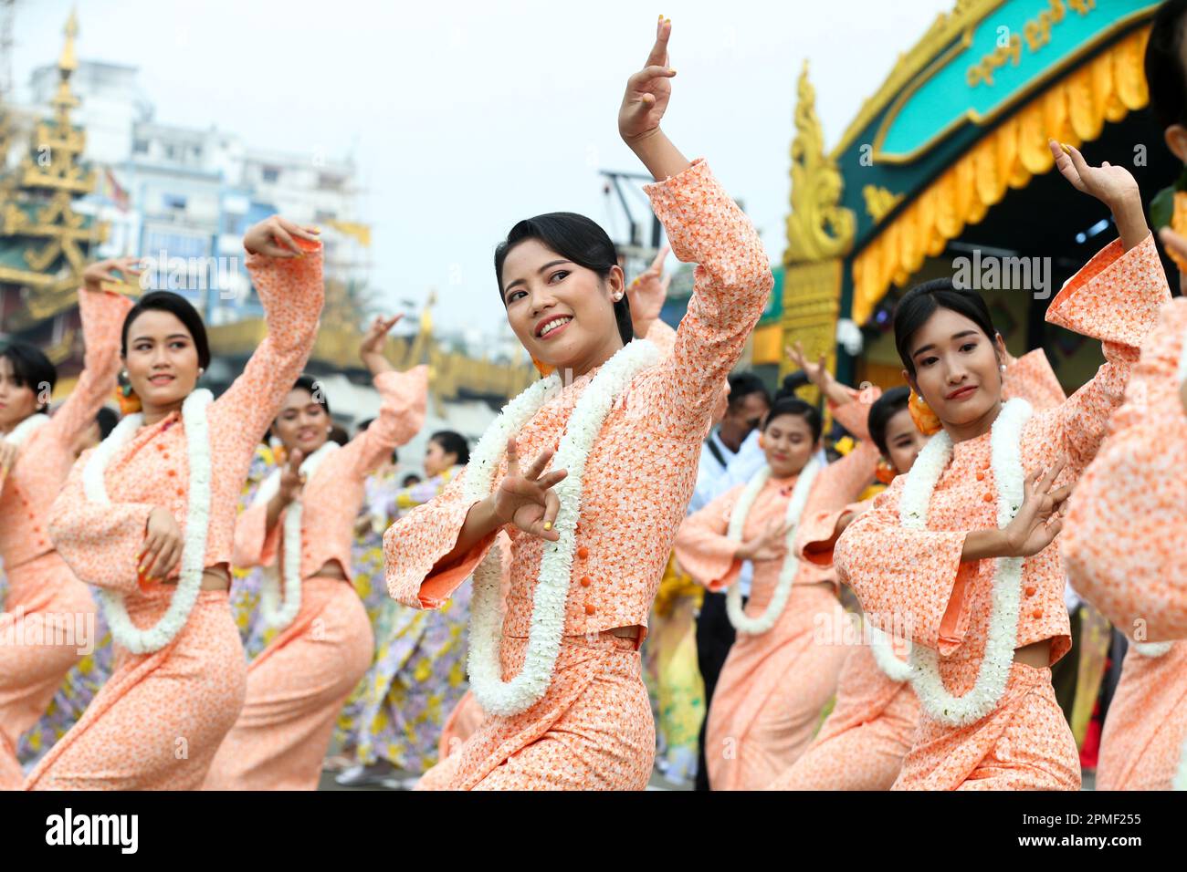 Yangon, Myanmar. 13th Apr, 2023. Dancers perform during celebrations of the Thingyan water ...