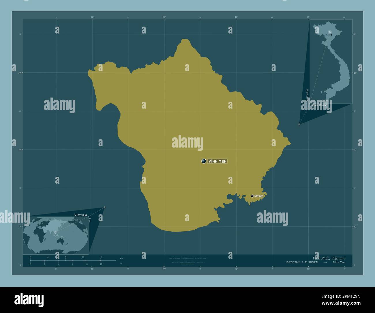 Vinh Phuc, province of Vietnam. Solid color shape. Locations and names ...