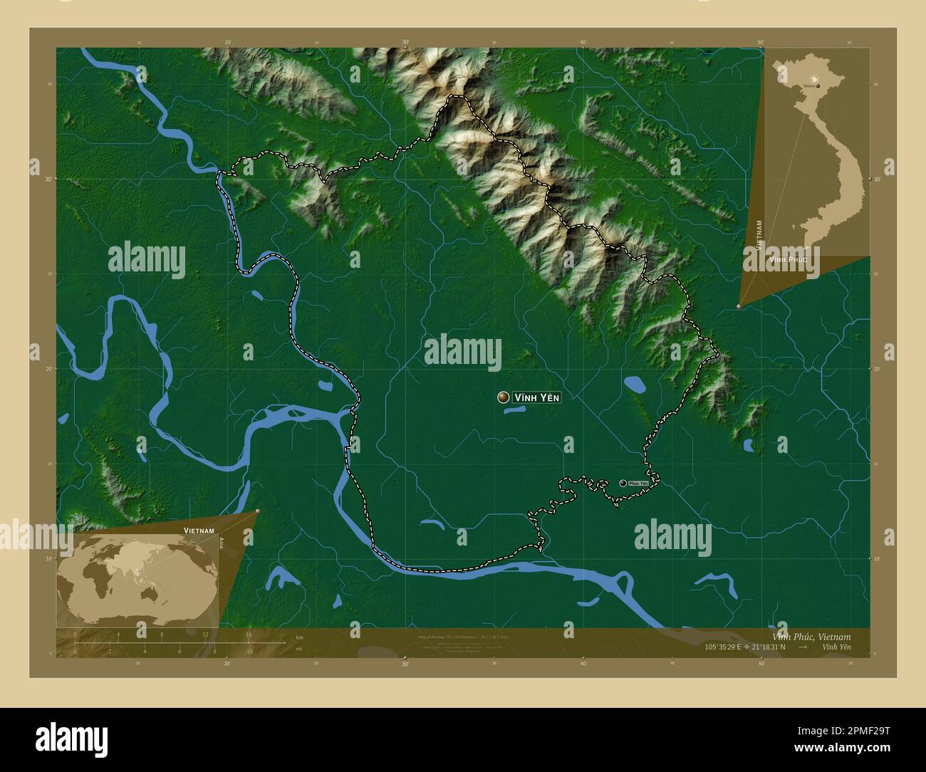 Vinh Phuc, province of Vietnam. Colored elevation map with lakes and ...
