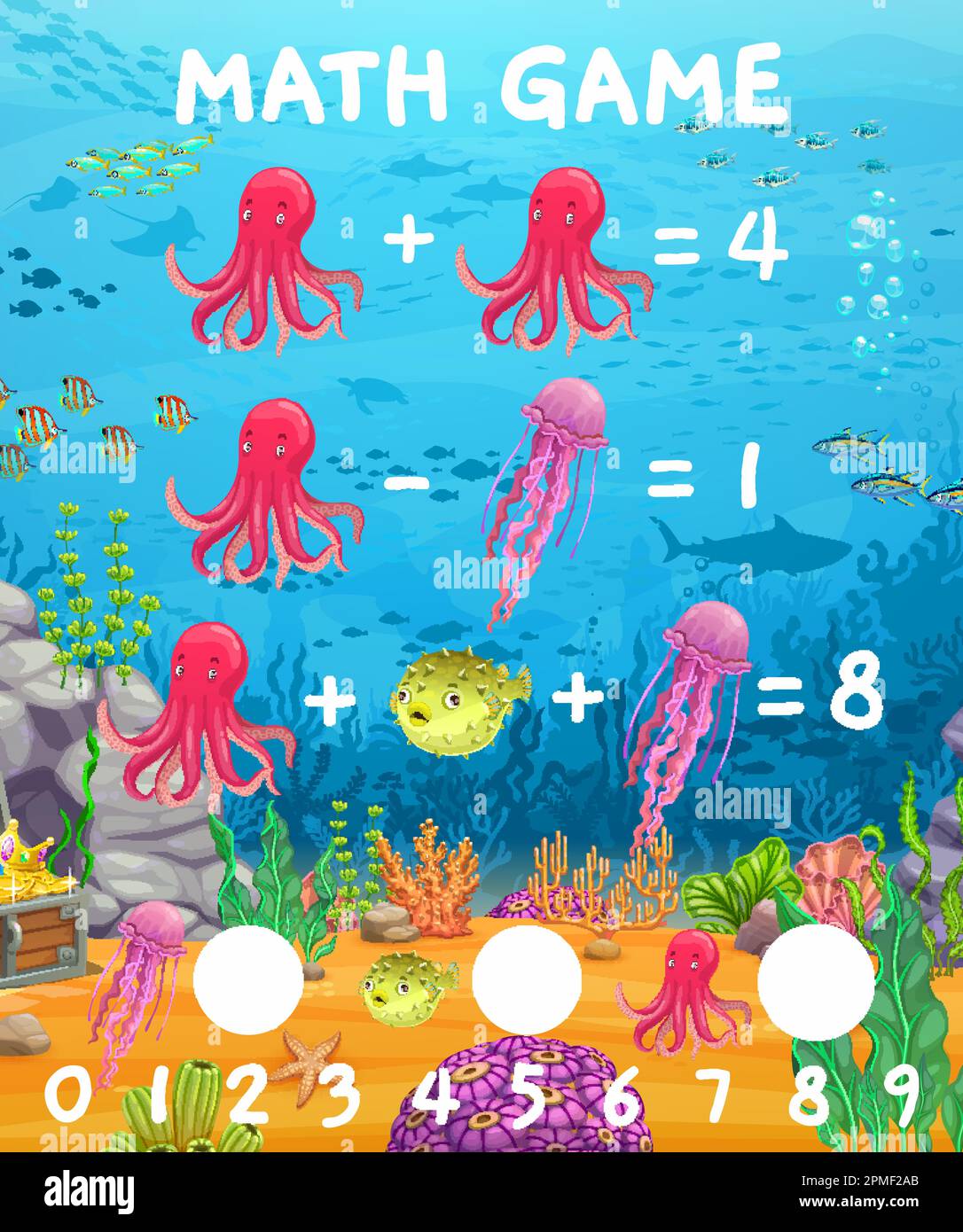 Math game worksheet cartoon sea animals and fish. Vector arithmetic ...