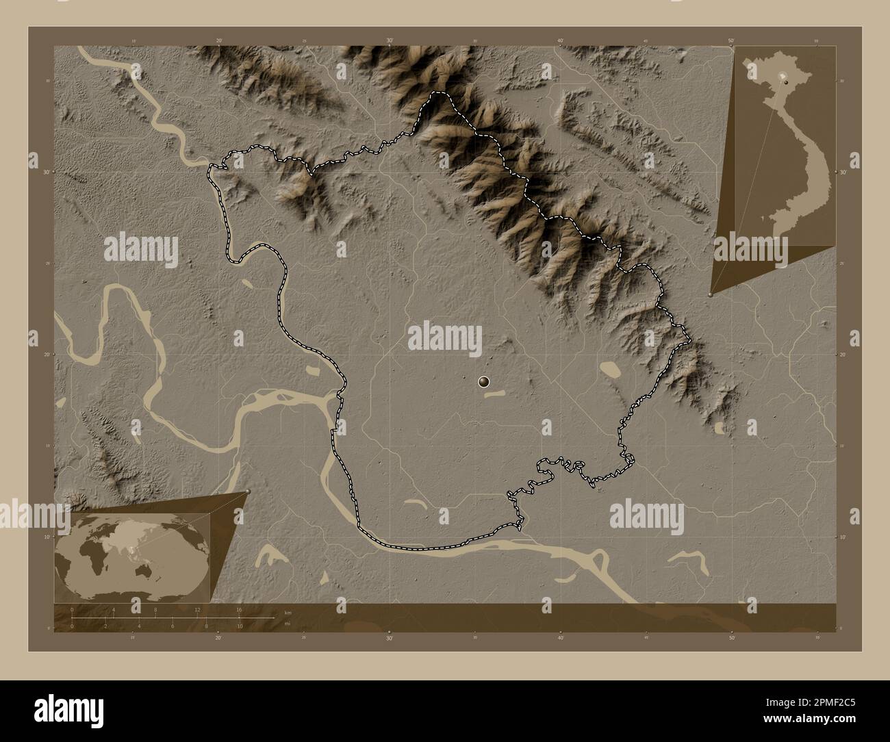 Vinh Phuc, province of Vietnam. Elevation map colored in sepia tones ...