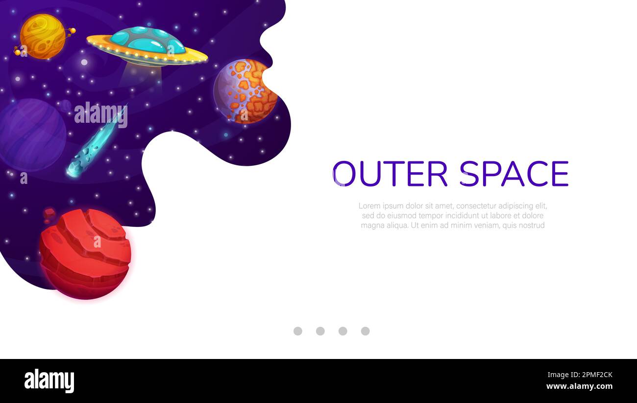 Landing page, space with cartoon galaxy planets and UFO, vector website ...