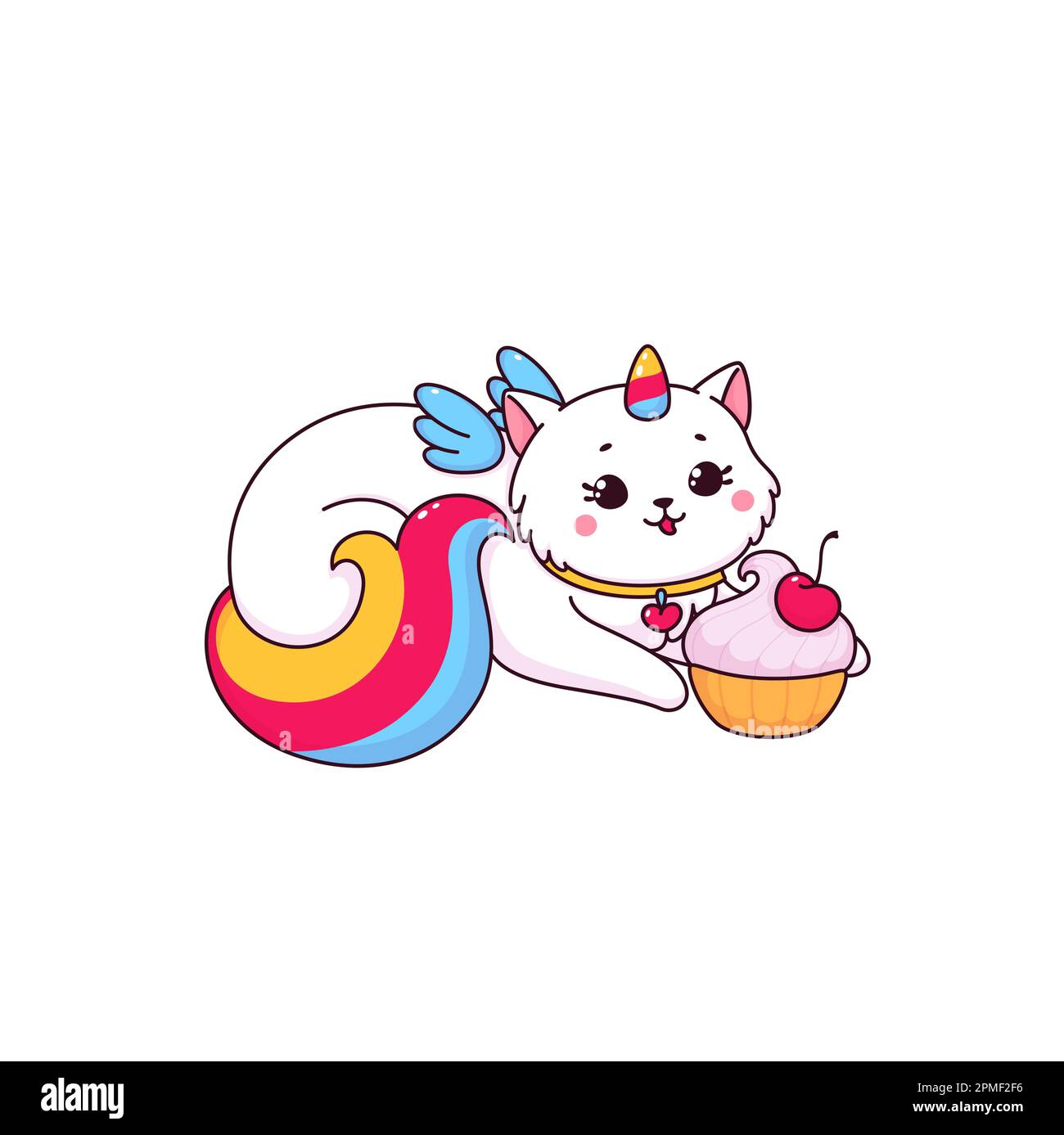 Cartoon cute caticorn character with cupcake. Vector cheerful kawaii ...