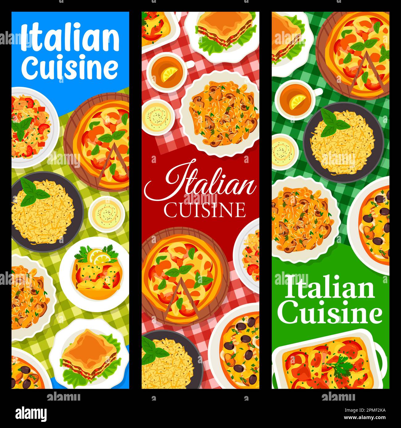 Italian cuisine banners, pasta, pizza and risotto, Italy dishes and ...