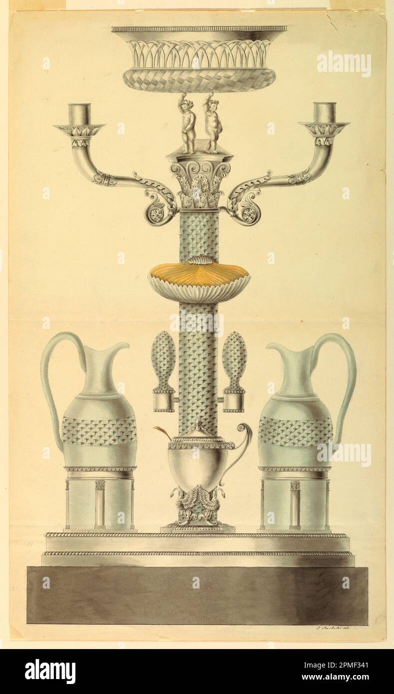 Drawing, Design of a Centerpiece; pen and ink, brush with light blue ...