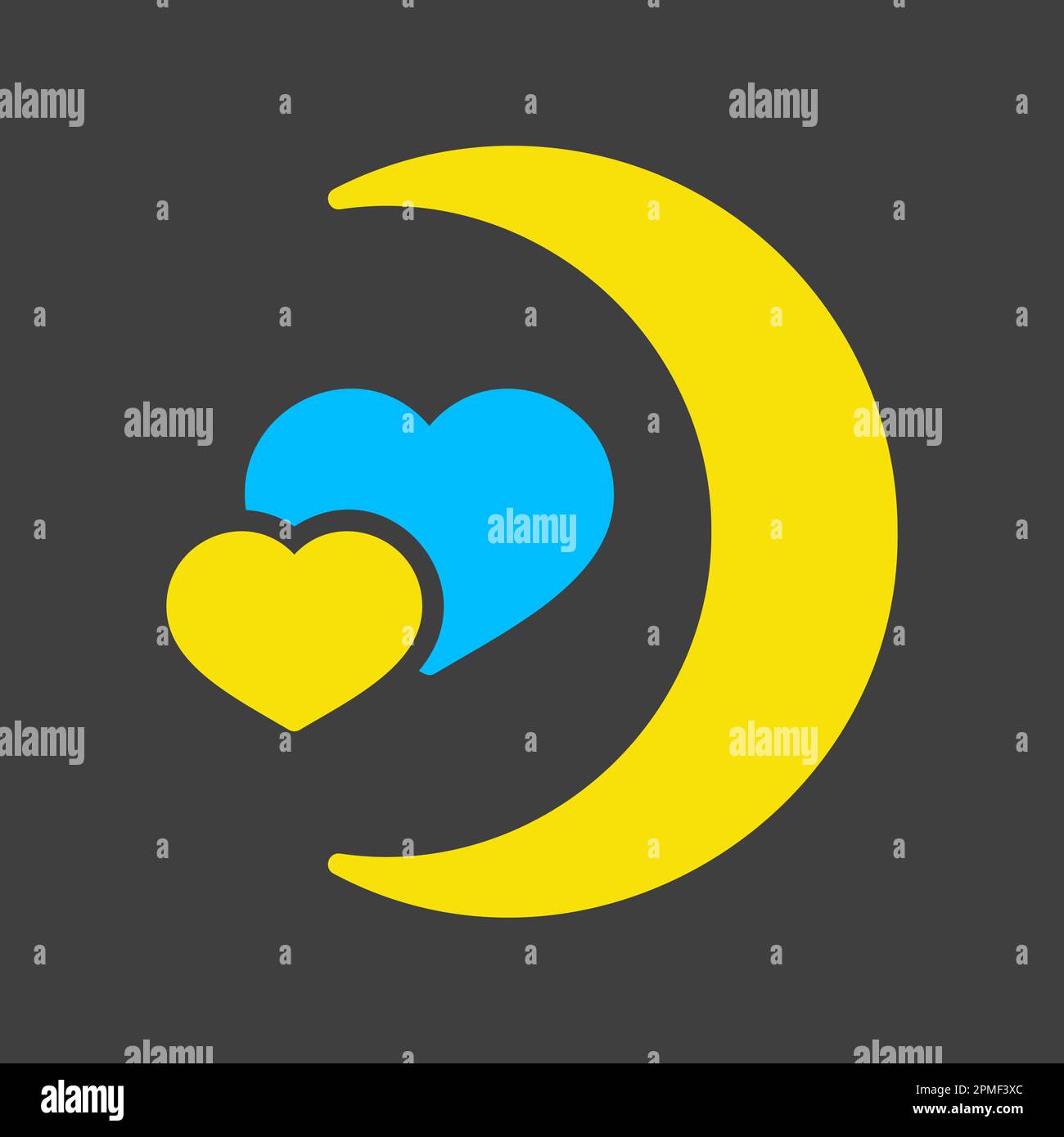 Crescent moon with heart shaped stars isolated glyph on dark background ...