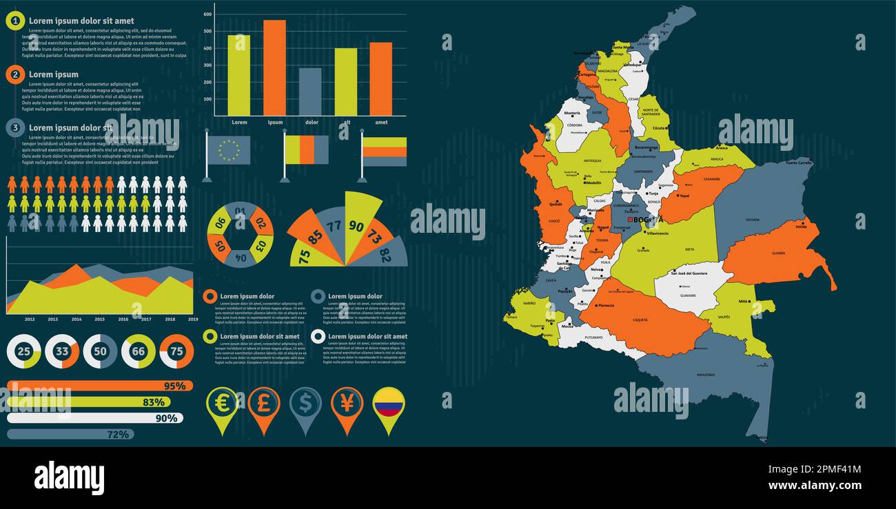 Detailed Colombia map with infographic elements. Vector illustration ...