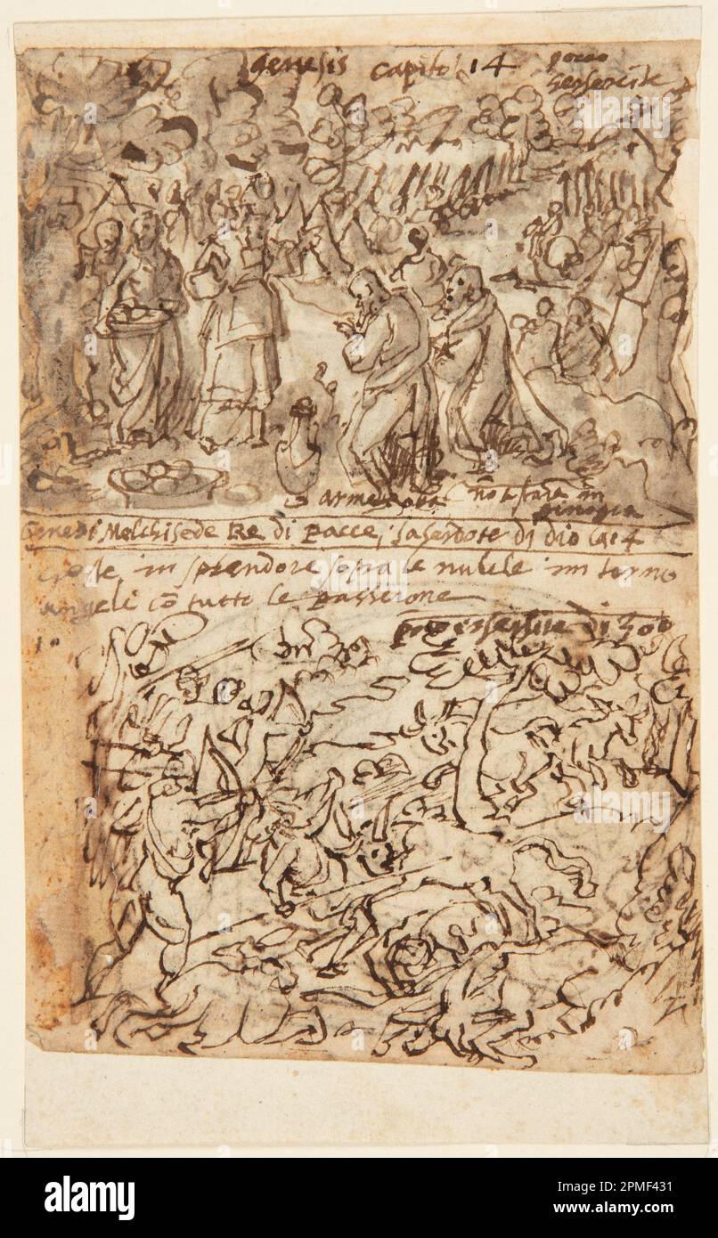 Drawing, Melchizedek bringing bread and wine to Abraham [above]; Below ...
