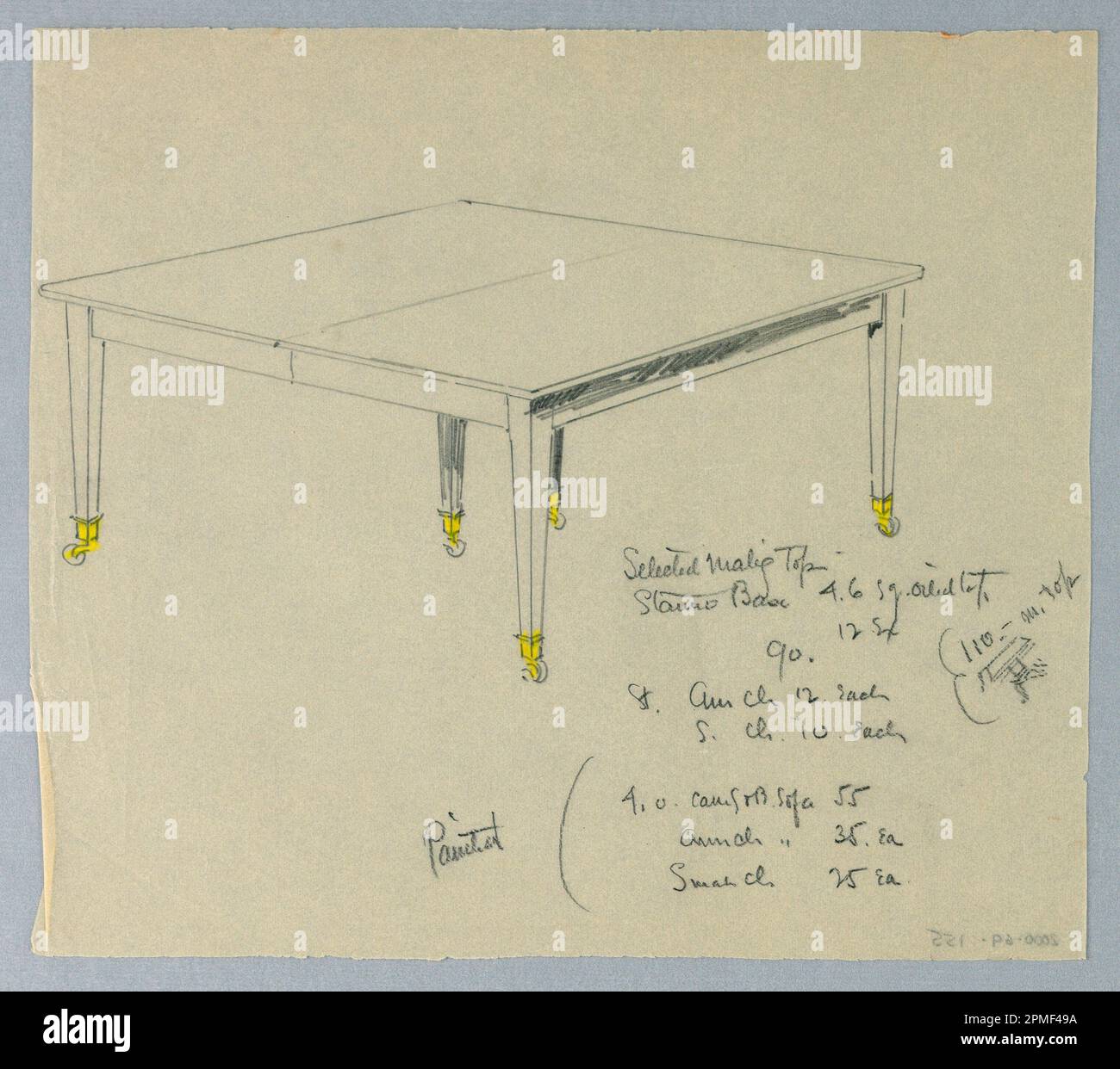 Drawing, Design for a Six-Legged Rectangular Table on Casters; Designed ...