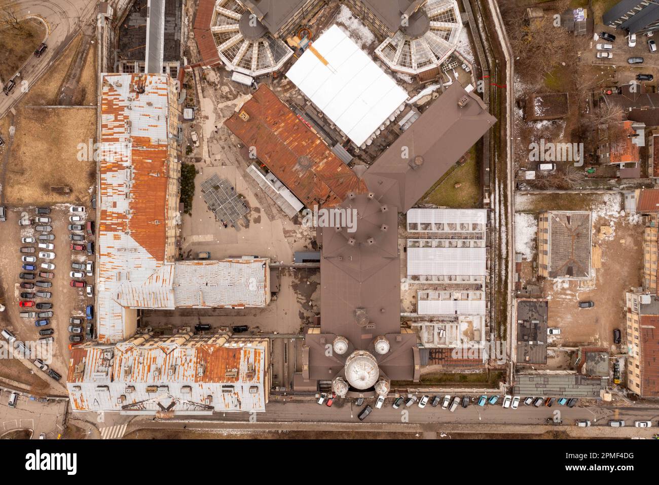Drone photography of old jail and church in the middle of city during ...