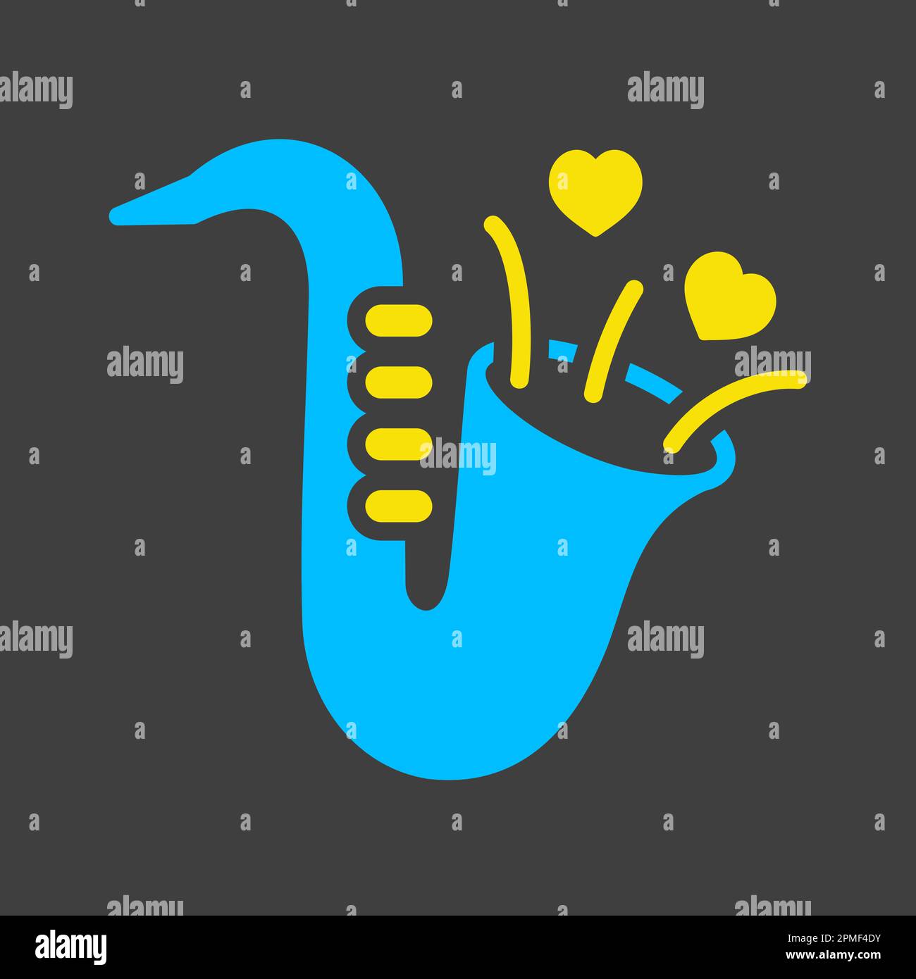 Cute saxophone and blowing hearts isolated glyph on dark background ...