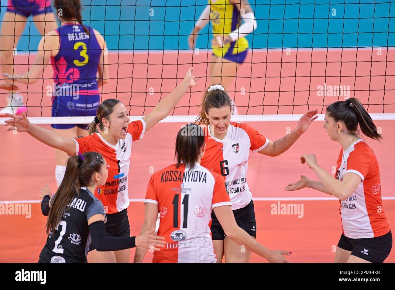 Florence, Italy. 12th Apr, 2023. CS Volei Alba Blaj players celebrate ...