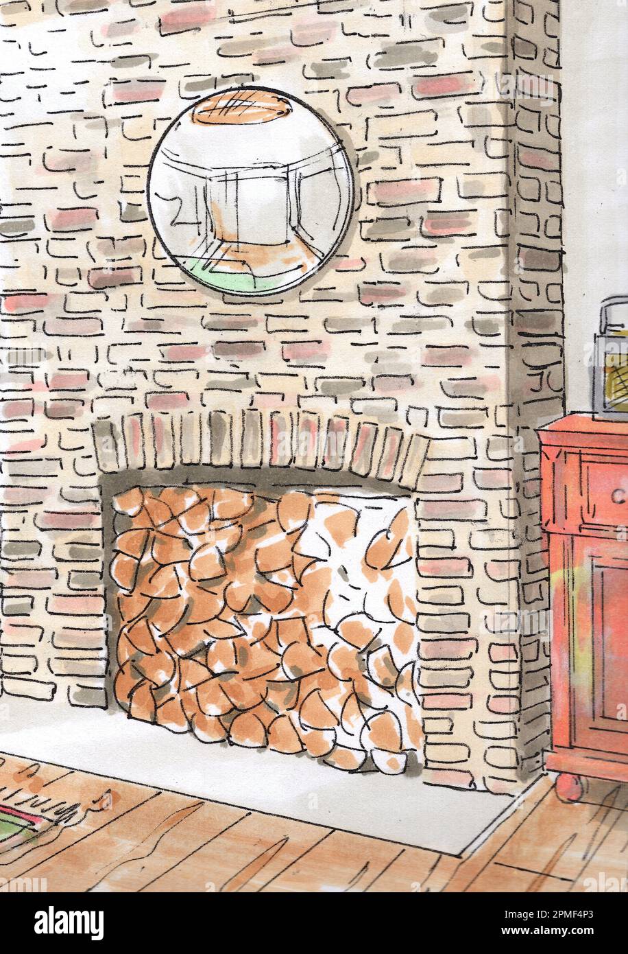 Colour detail sketch of a fireplace Stock Photo - Alamy