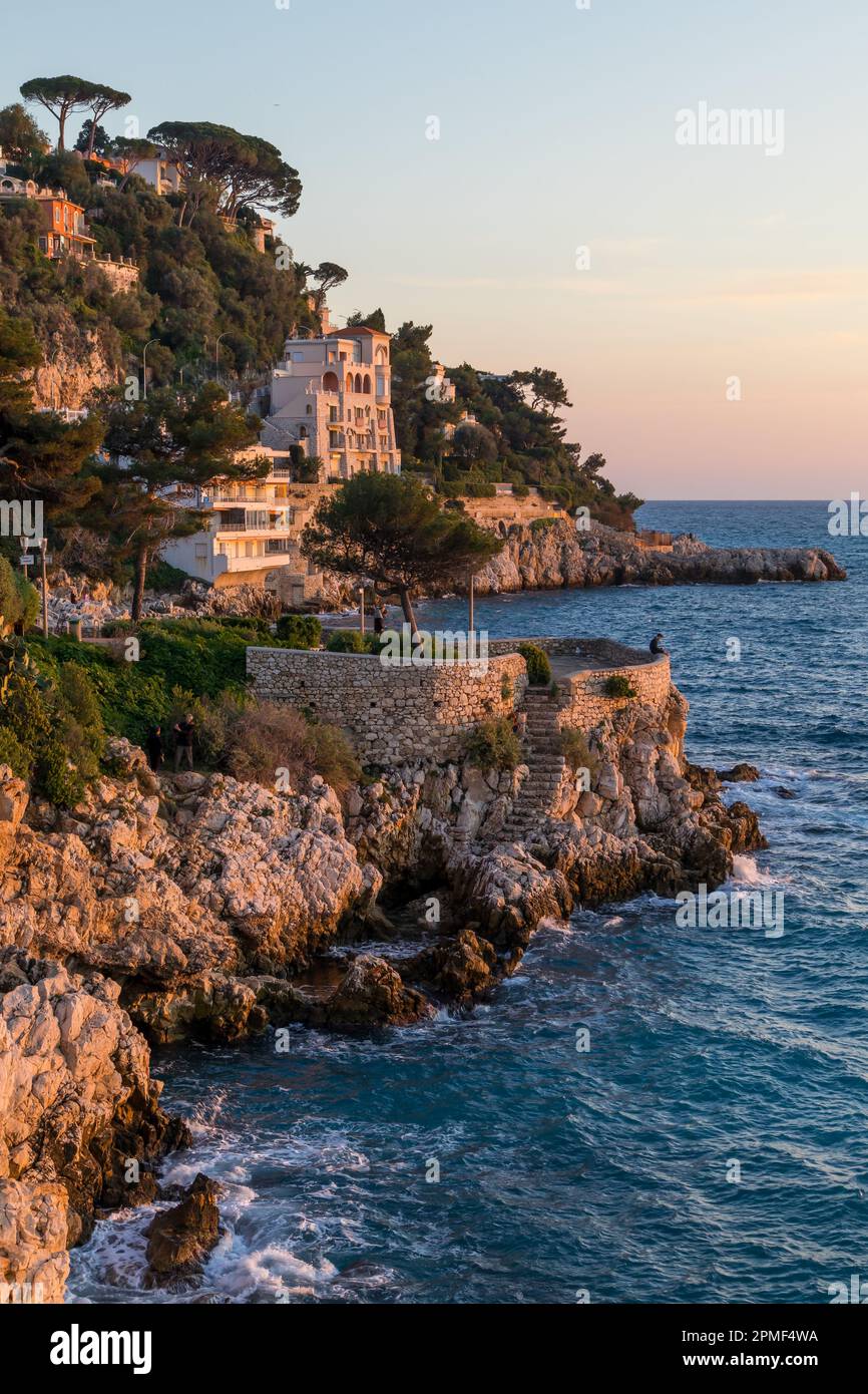 Coco Beach and Cap de Nice at last sunlight, Nice, French Riviera, Cote ...