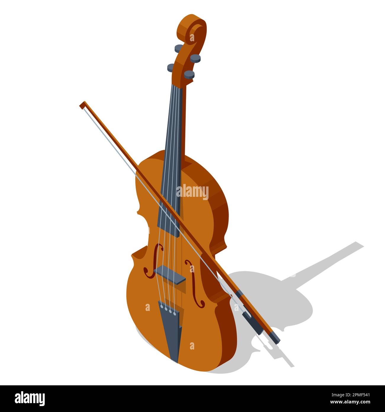 Isometric violin with fiddlestick isolated on a white background. Classical stringed musical ...