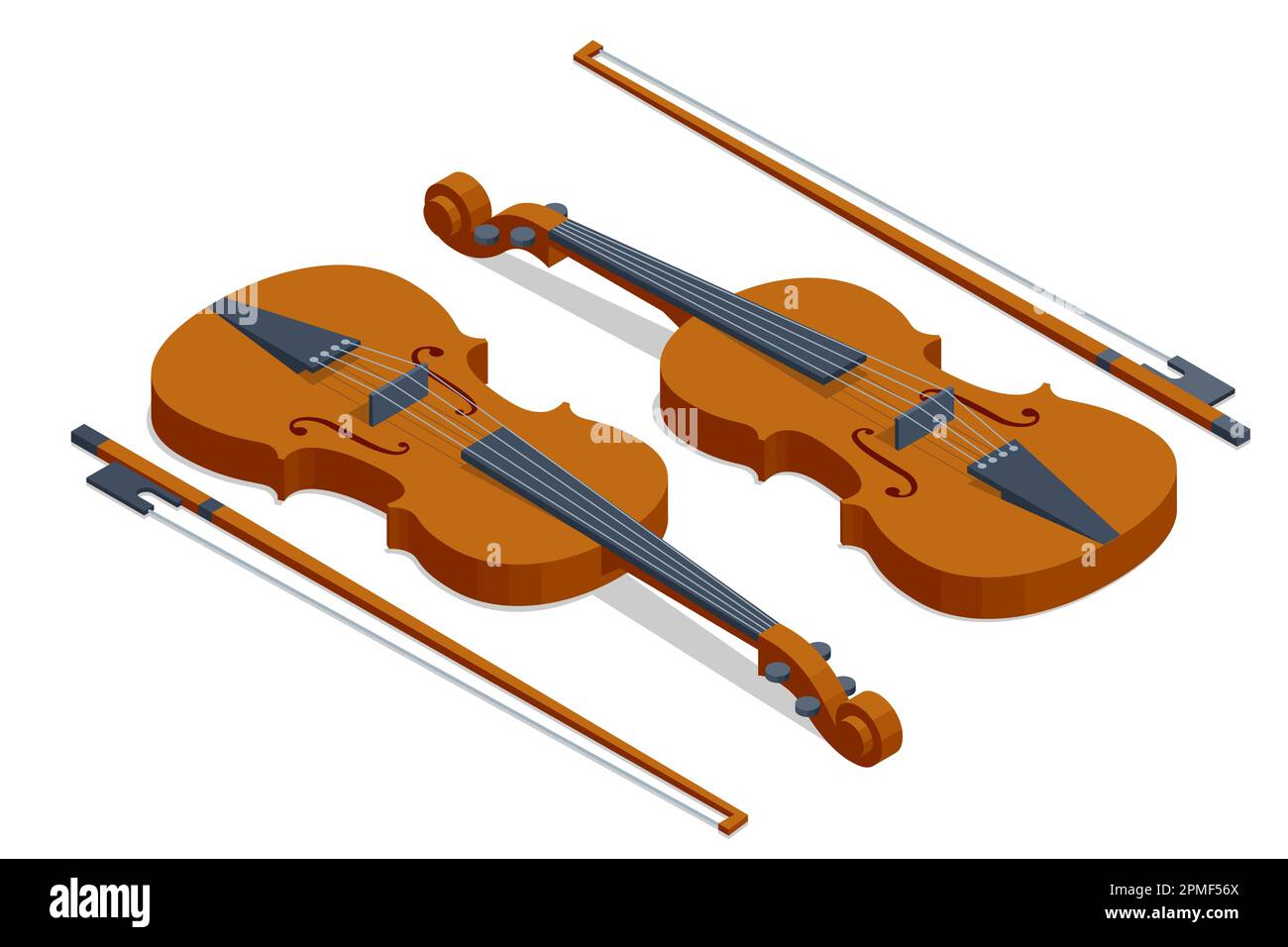 Isometric violin with fiddlestick isolated on a white background. Classical stringed musical ...