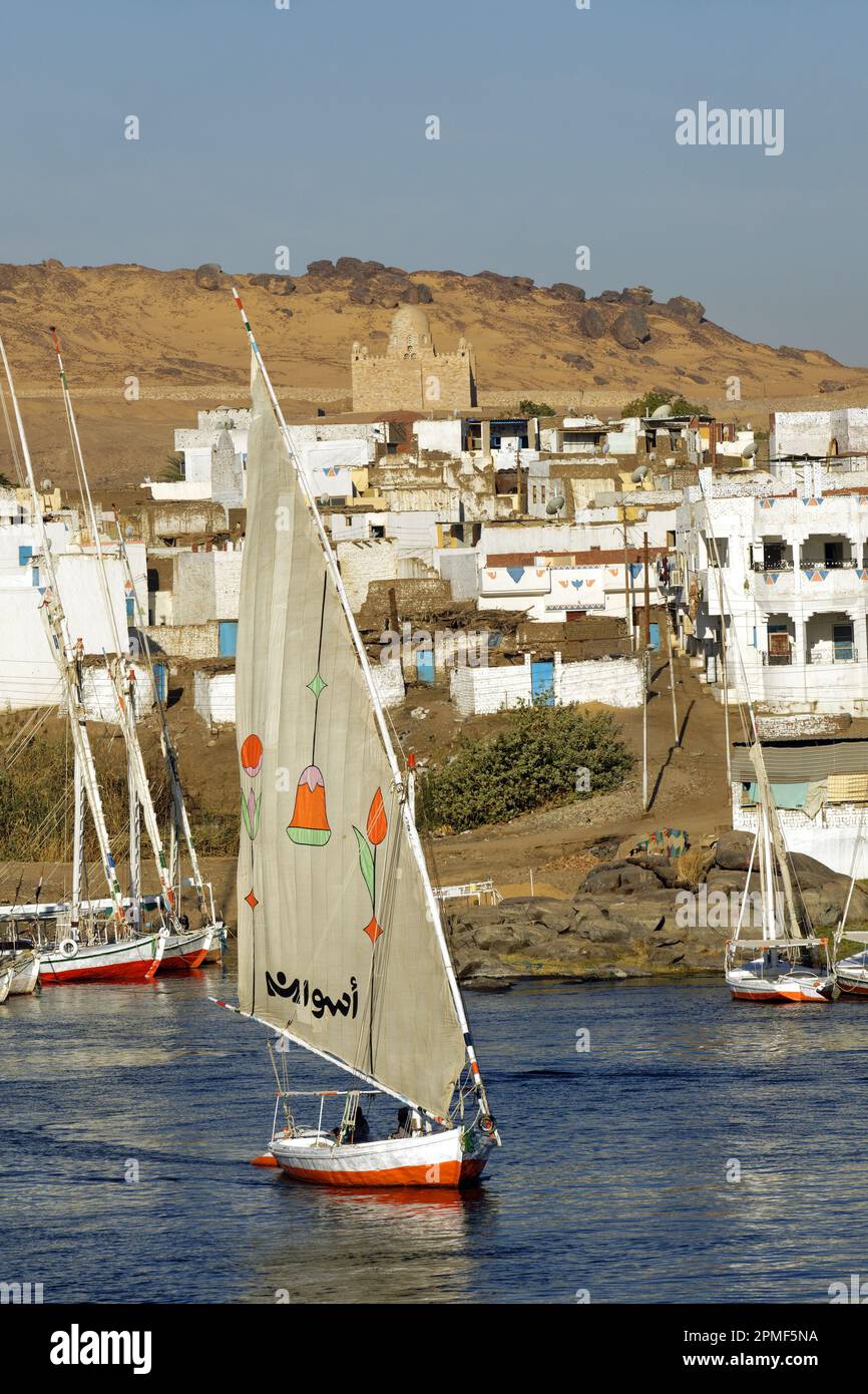 Egypt, Upper Egypt, Nile Valley, Aswan, Elephantine island and Aga Khan Mausoleum in the ...