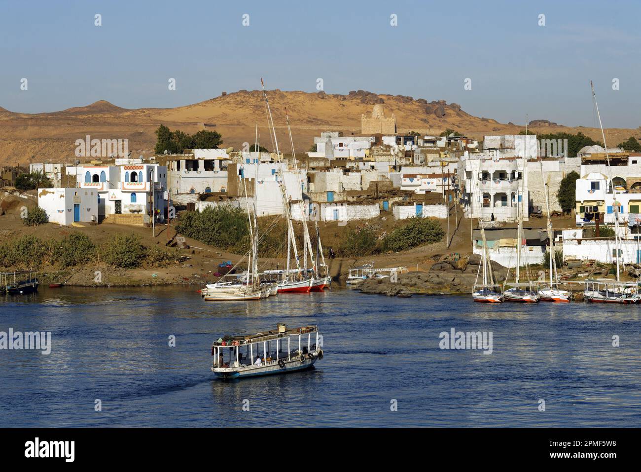 Egypt, Upper Egypt, Nile Valley, Aswan, Elephantine island and Aga Khan Mausoleum in the ...