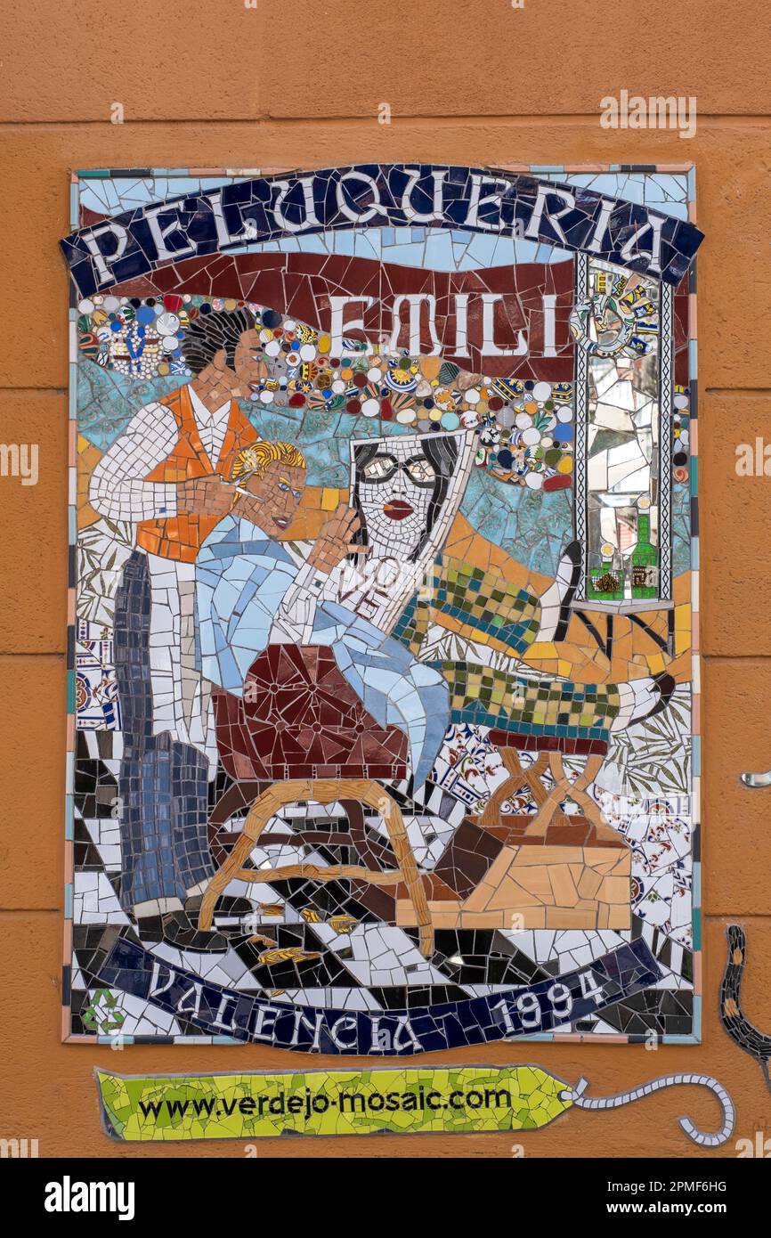 Spain, Valencia, barrio del Carmen, street art, hairdresser Stock Photo ...
