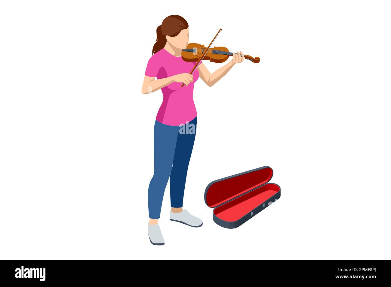Isometric violinist. Woman playing the violin. Classical stringed musical instrument. Brown ...