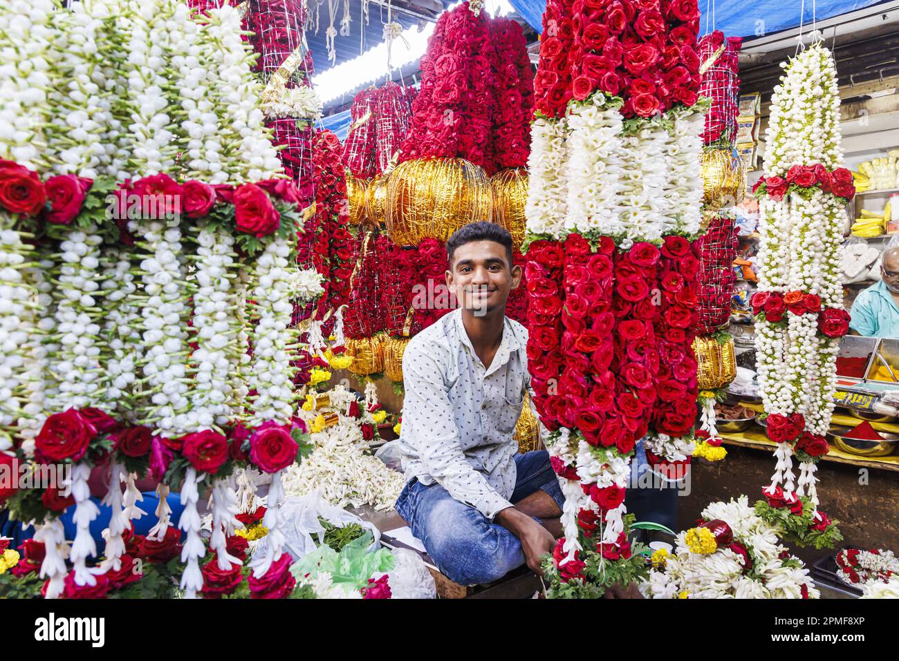 India, Karnataka, Mysore, Devaraja market, flower garlands stall Stock ...