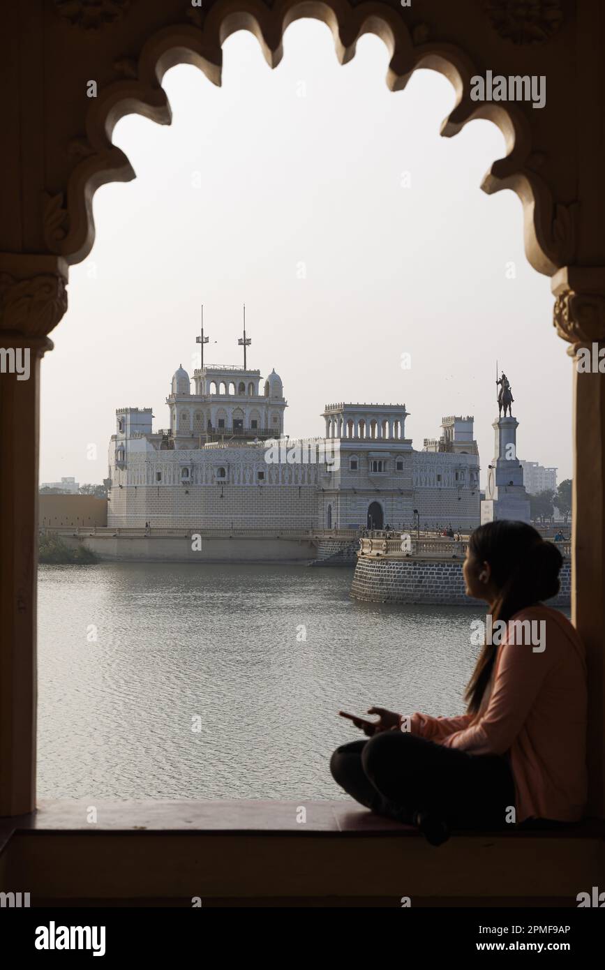 India, Gujarat, Jamnagar, Lakhota Palace and museum on Lakhota Lake ...