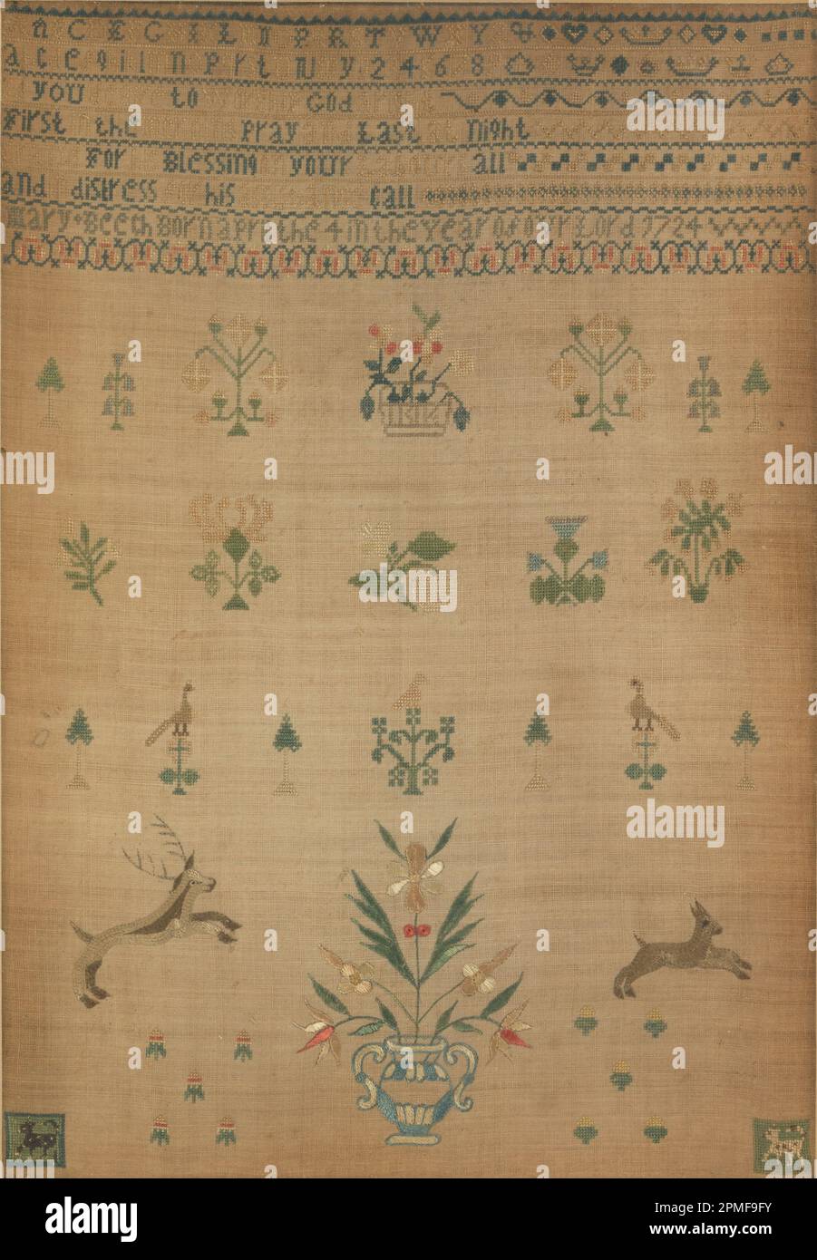 Sampler (England); Made by Mary Beech; linen, silk; Frame H x W x D: 42 ...
