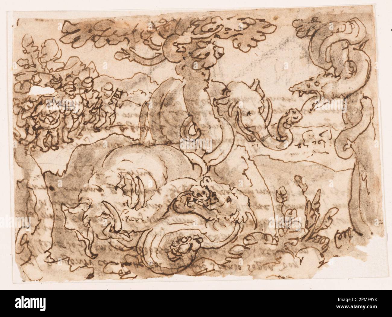 Drawing, Fight between Elephants and Snakes; Jan van der Straet, called ...