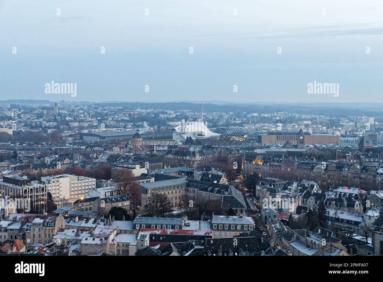 France, Moselle, Metz, view of the snowy city of Metz from the City ...