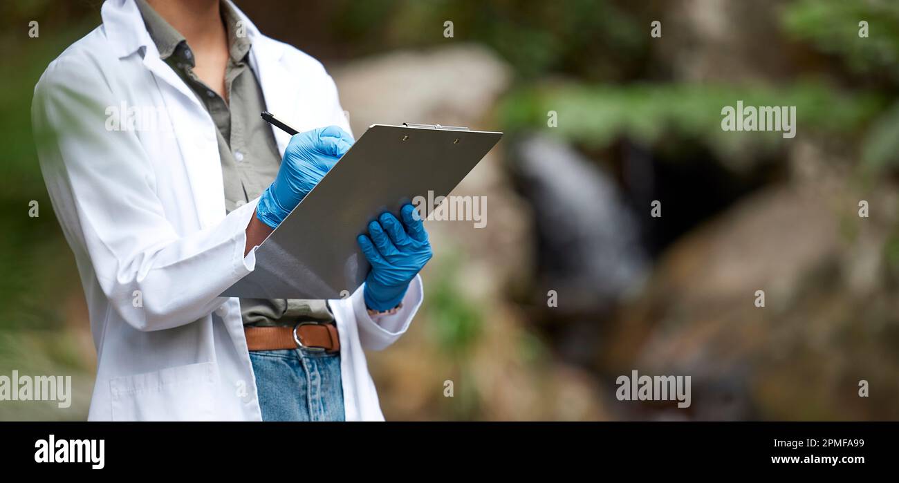 Clipboard, nature and scientist in agriculture research, sustainability ...