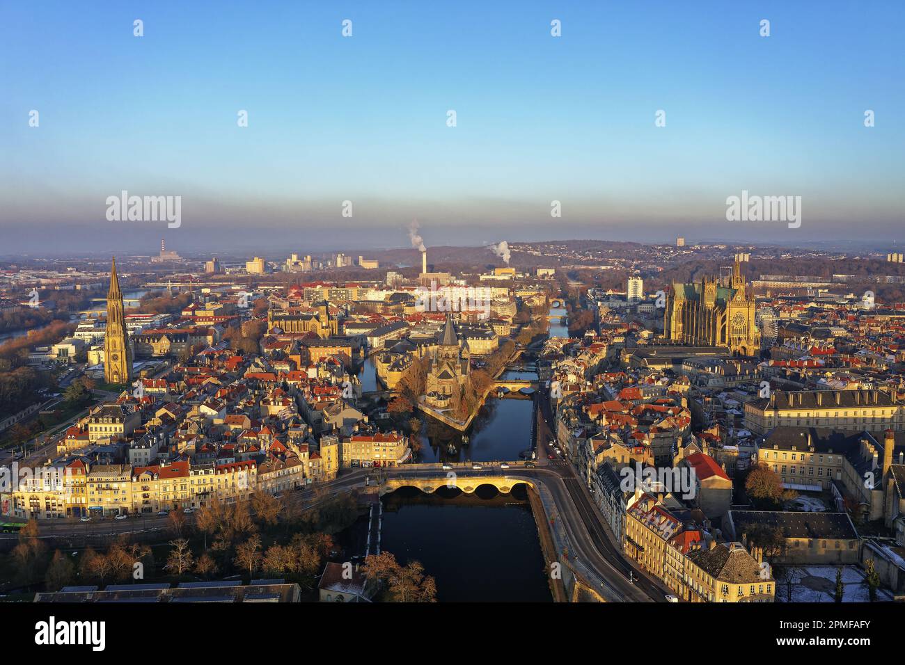 France, Moselle, Metz, view of the city center of Metz and the Moselle ...