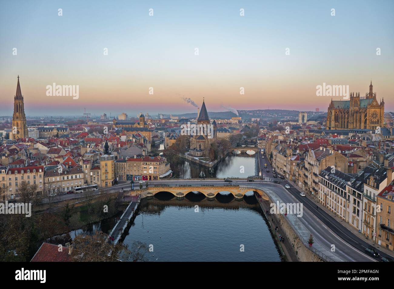 France, Moselle, Metz, view of the city center of Metz and the Moselle ...