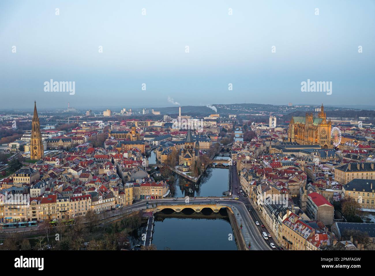 France, Moselle, Metz, view of the city center of Metz and the Moselle ...