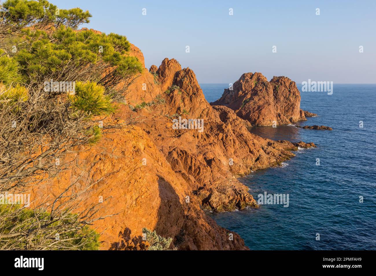 Rocky coastline at Cape Dramont, Esterel, Cote d'Azur, French Riviera ...