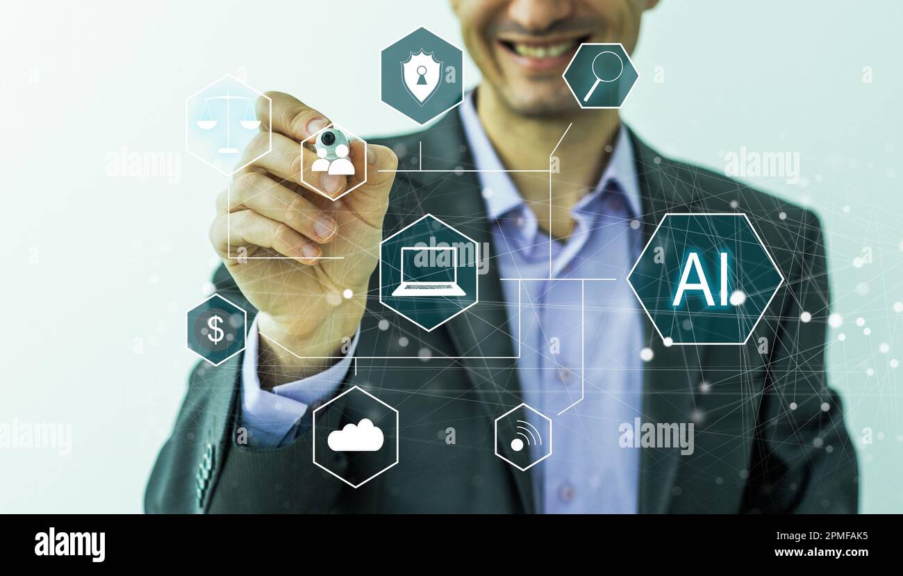 Hand touching digital chatbot for provide access to information and ...