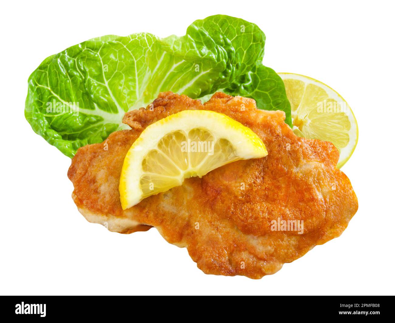 Breaded escalope and salad with lemon isolated on white background ...
