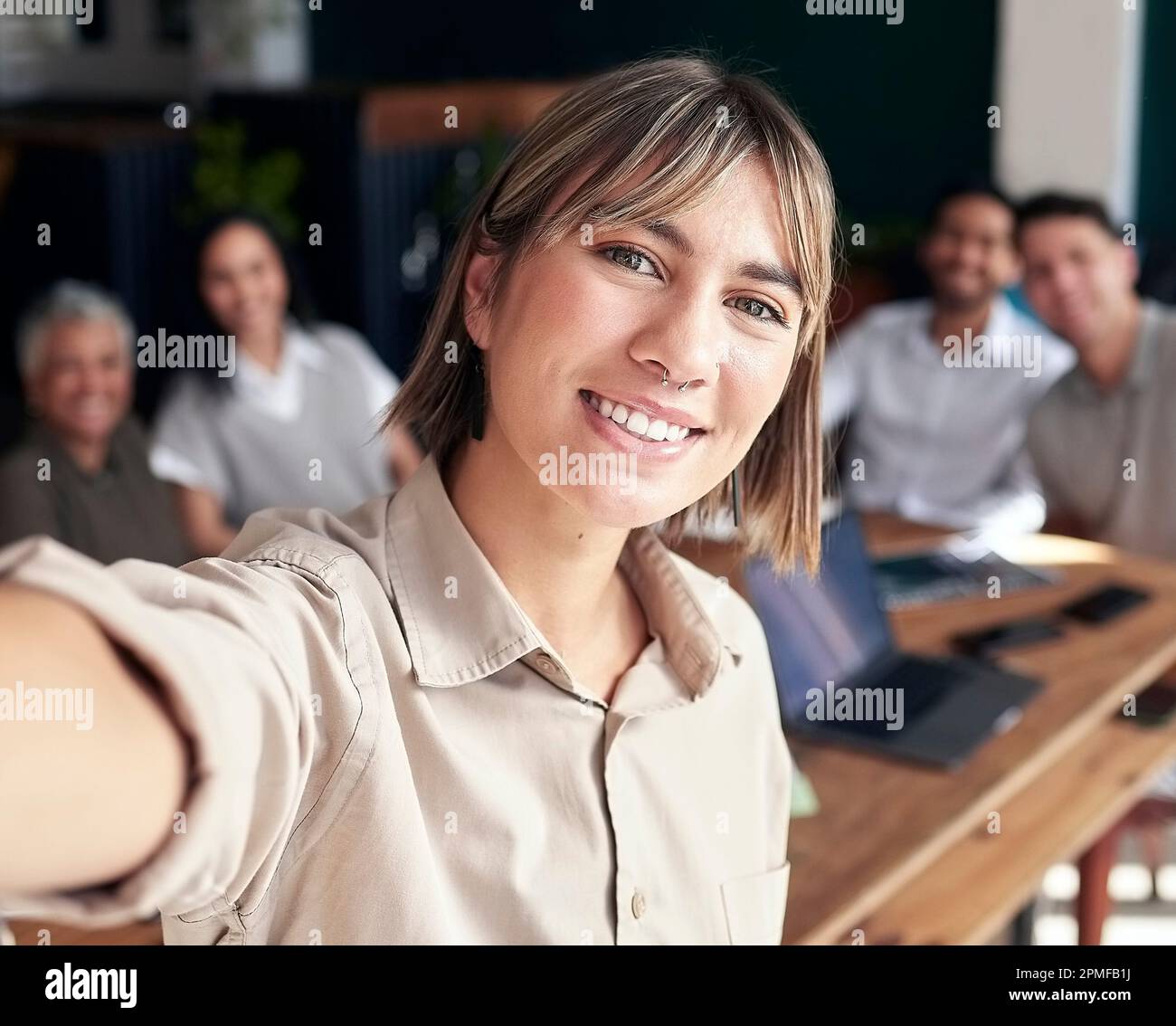 Business woman, team selfie and startup in portrait, smile or happiness ...