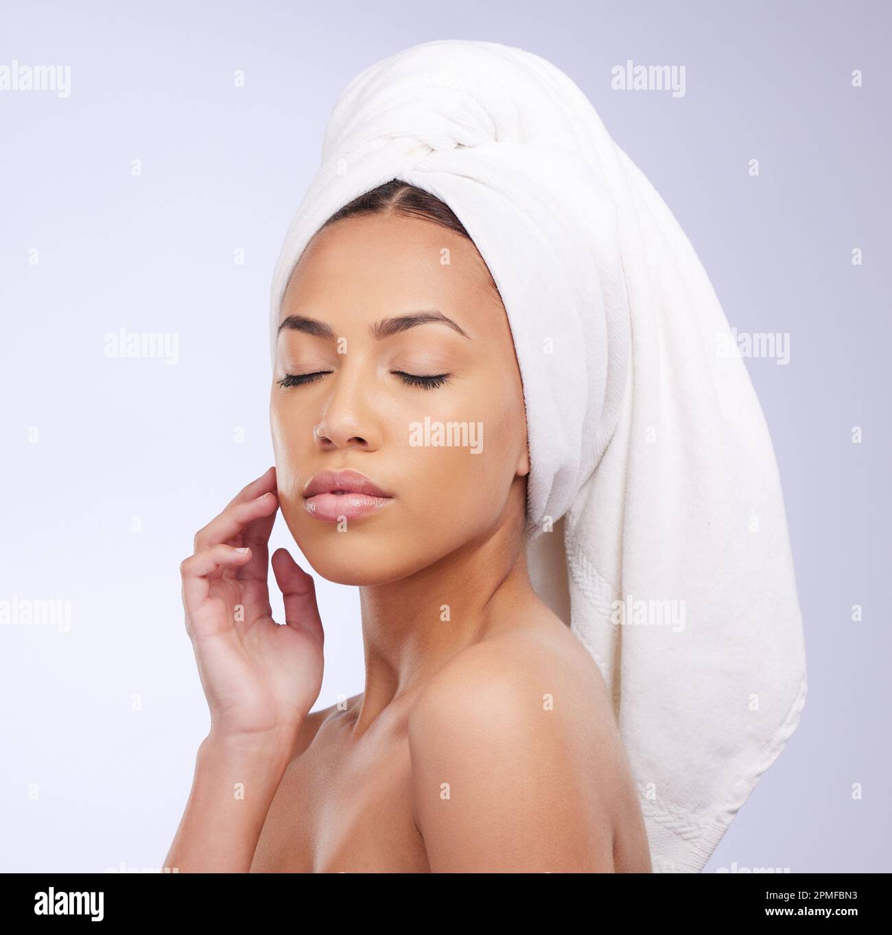 Face, eyes closed or woman in towel or studio isolated on white ...