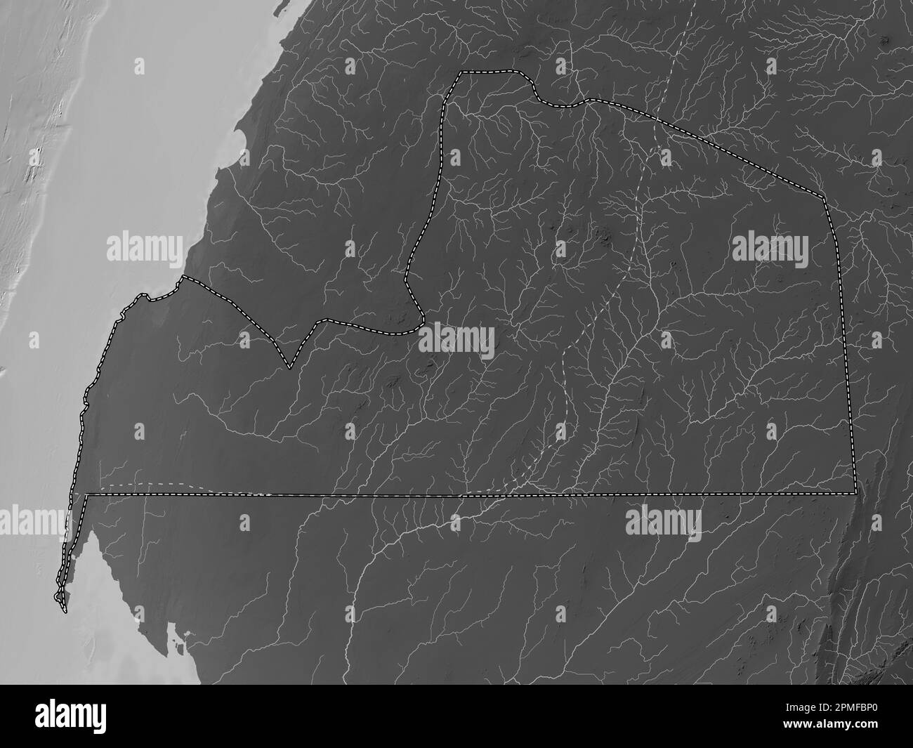 Aousserd, province of Western Sahara. Grayscale elevation map with ...