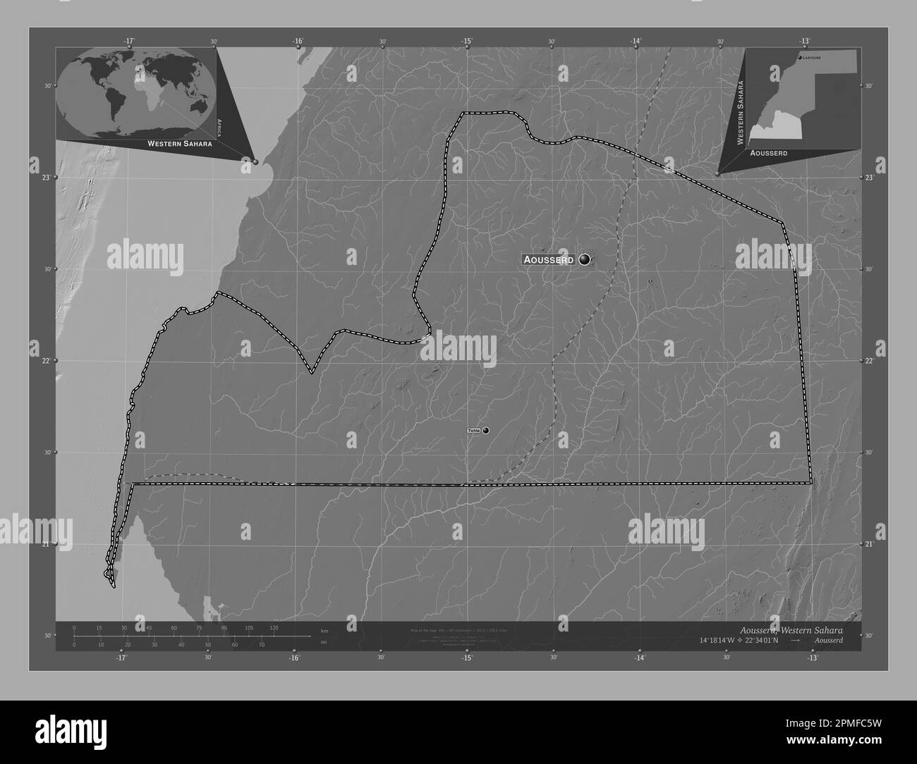 Aousserd, province of Western Sahara. Bilevel elevation map with lakes ...