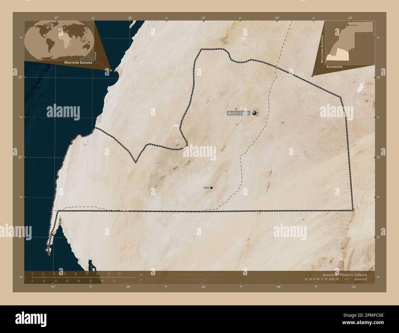 Aousserd, province of Western Sahara. Low resolution satellite map ...