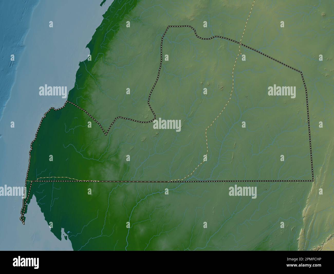 Aousserd, province of Western Sahara. Colored elevation map with lakes ...